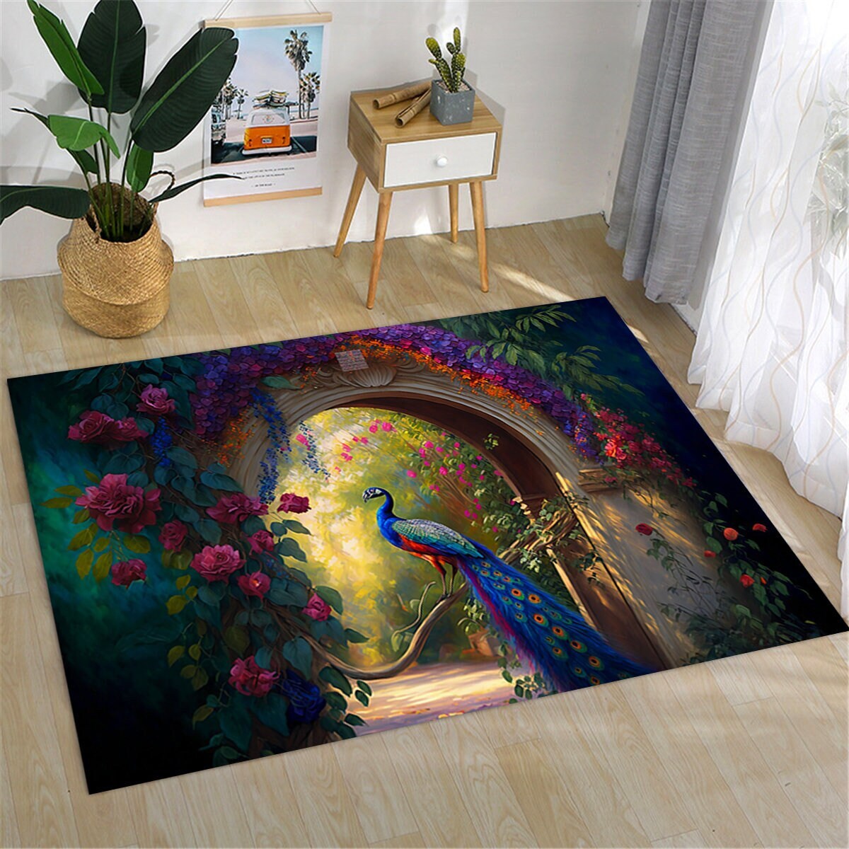 Peacock Rug, Peacock Patterned Rug, Animal Decor Rug, Flowers Rug ...