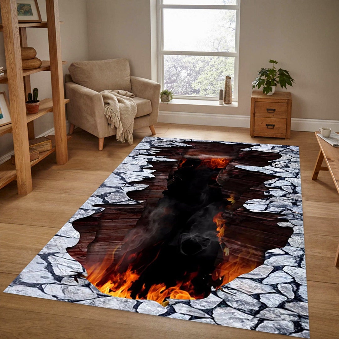 Huge Crack Rug, Flame Pattern Rug, Flaming Rug, Realistic Burning Fire ...