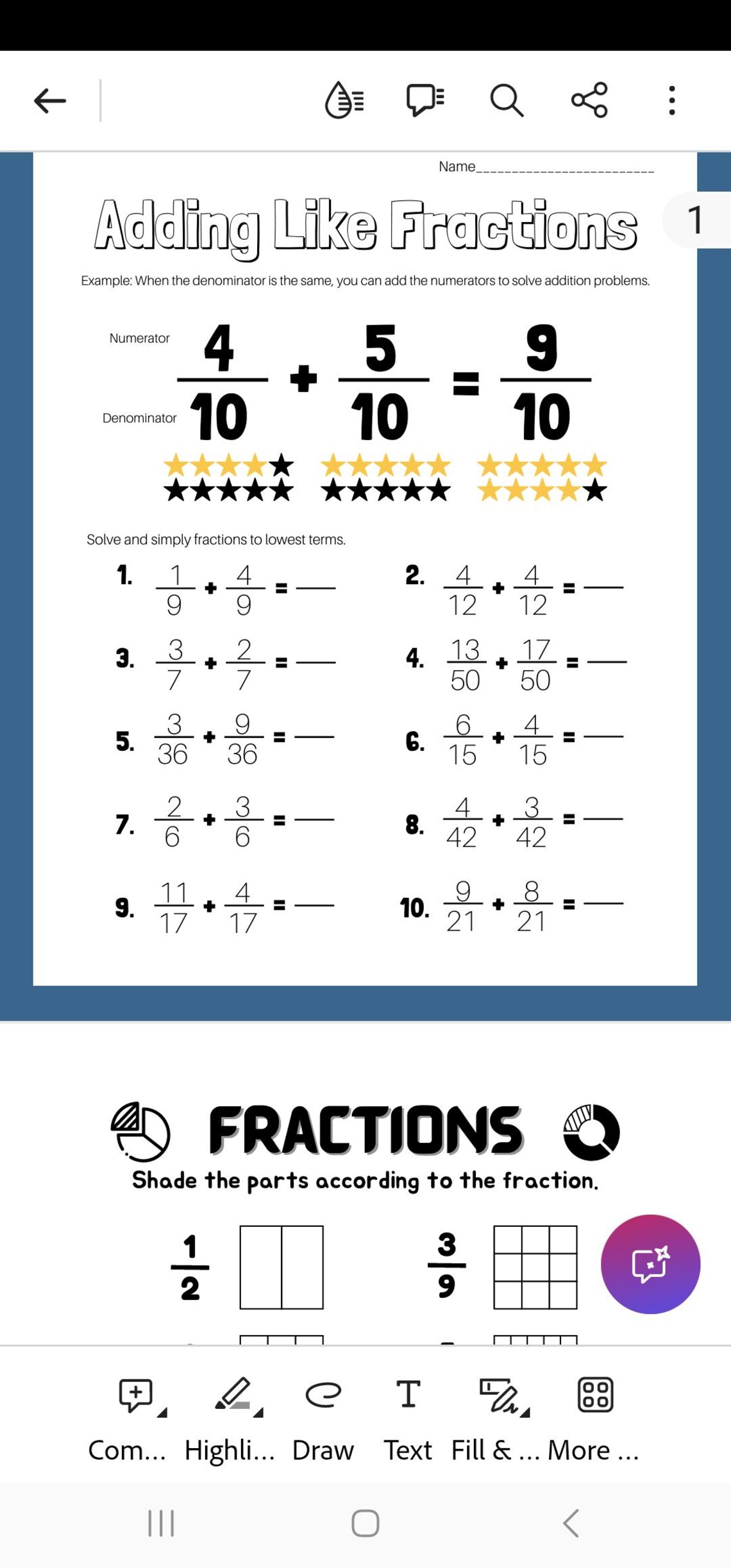 Third Grade Fractions Worksheets - Etsy