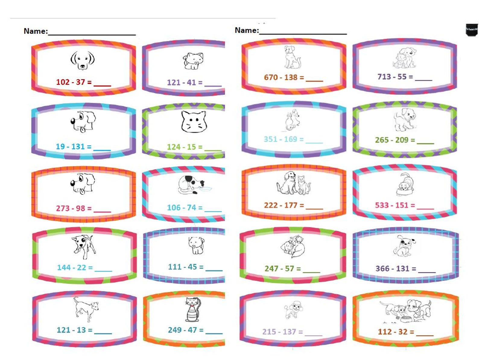 4th Grade Subtraction - One Minute Math - Subtraction (2 Pages) - Etsy