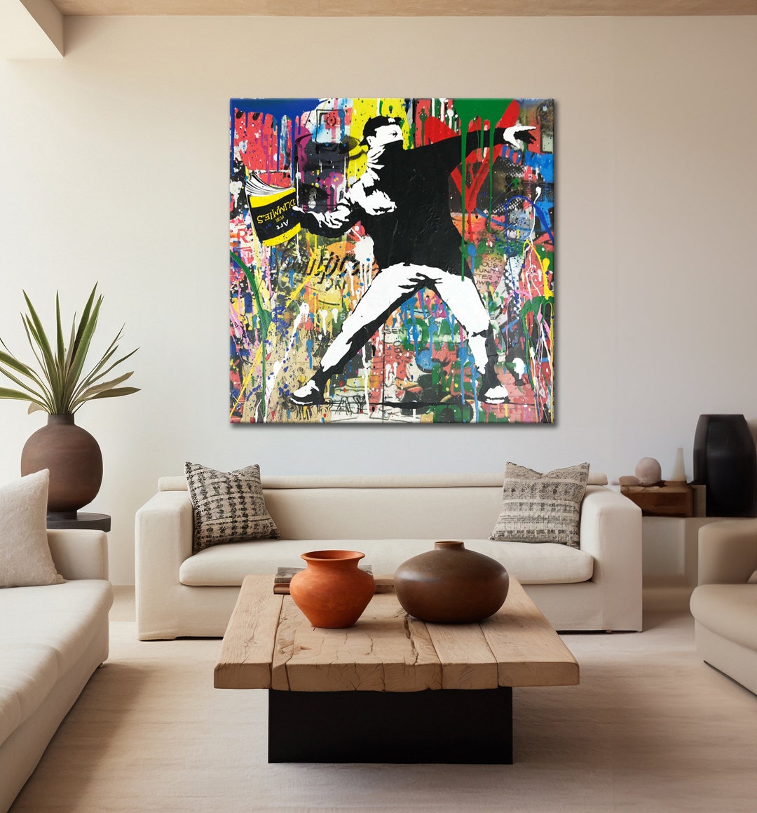 Banksy Thrower Boy Pop Art Graffiti Design Canvas Wall Art, Street Art ...
