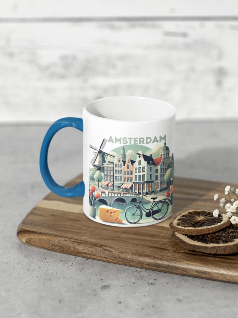 Amsterdam Souvenir Mug | Dutch Windmill, Bicycle & Tulips Art ...