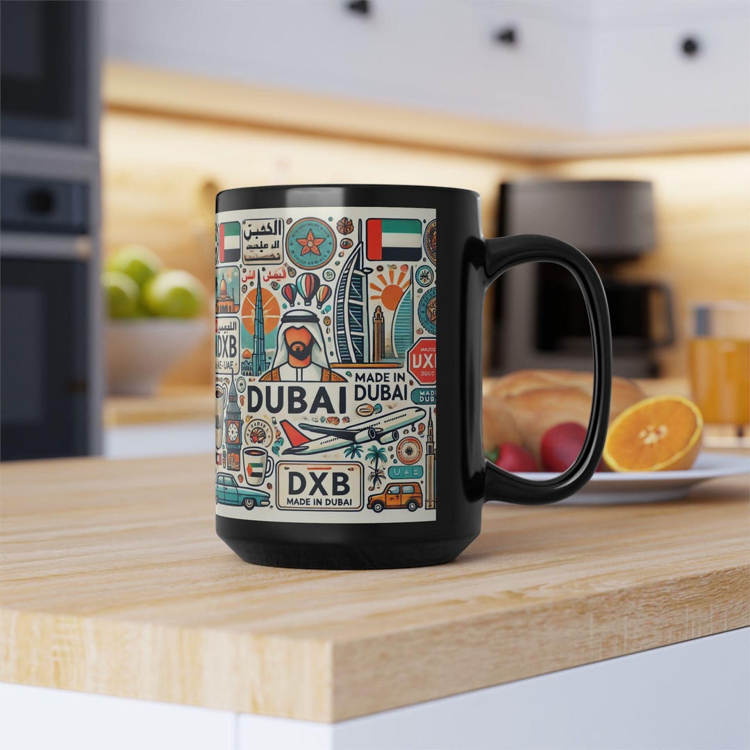 Dubai DXB Mug UAE Skyline Icons and Arabic Typography Burj Khalifa ...