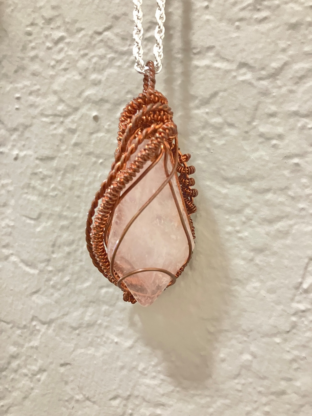 Rose Quartz Copper Coil Wave Pendant- Wire Wrap - Etsy