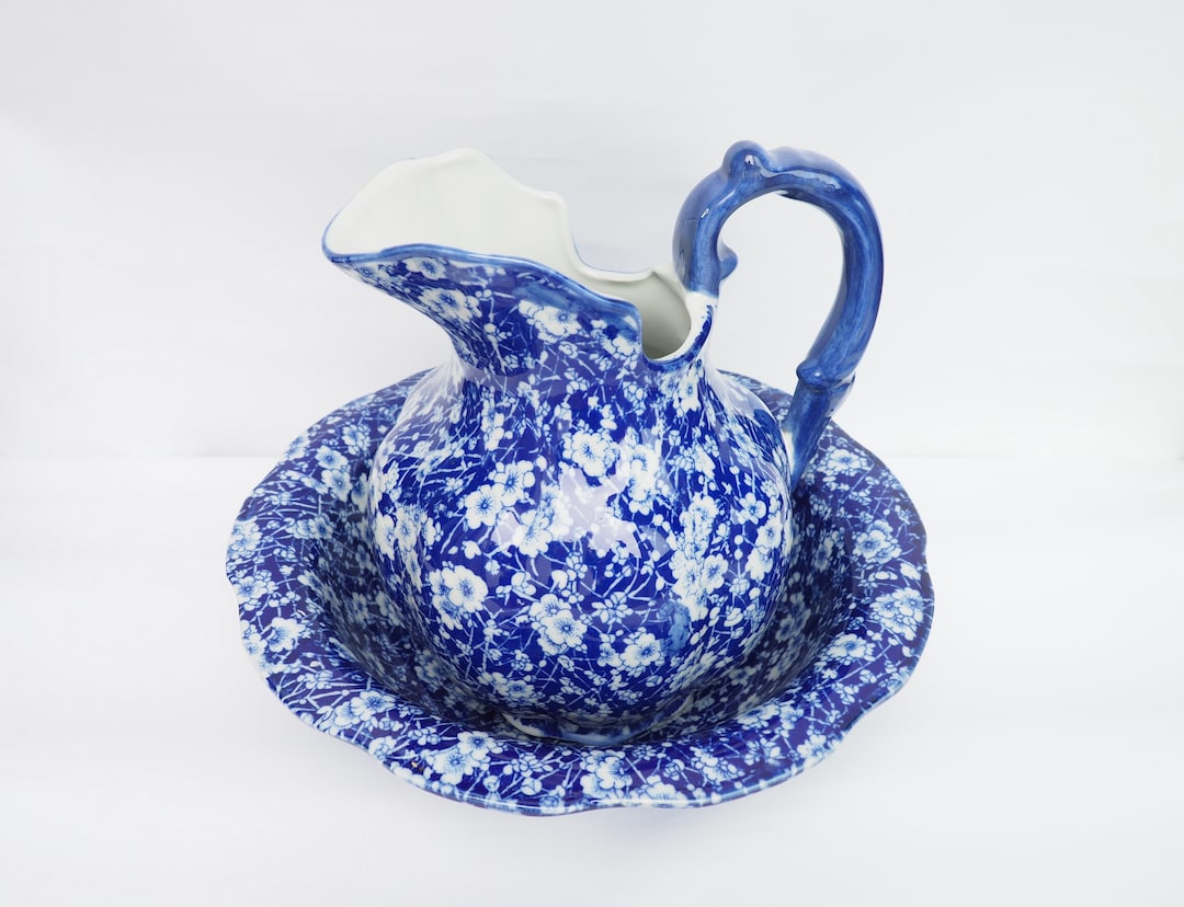 Vintage Ironstone Blue & White Pitcher and Bowl | Antique Victoria Ware ...