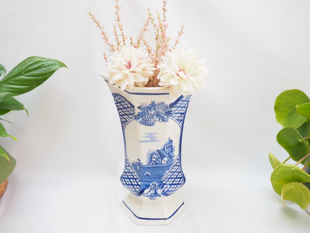 Antique Delft Blue & White Ceramic Flower Vase | Vintage Octagonal ...