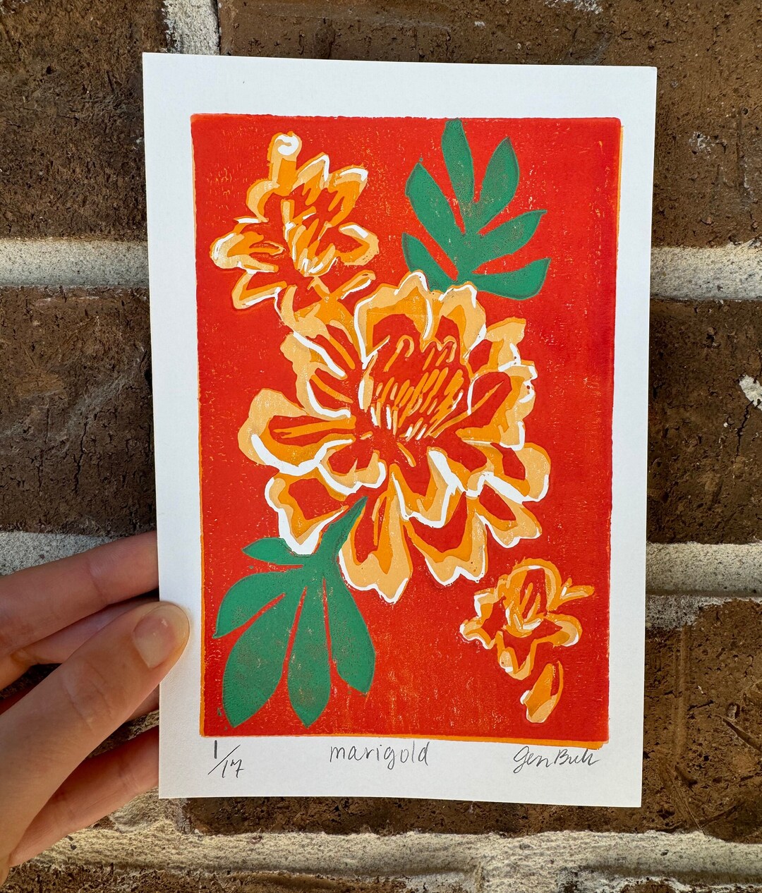 Linocut Print Reduction Print Marigold Handmade Art - Etsy