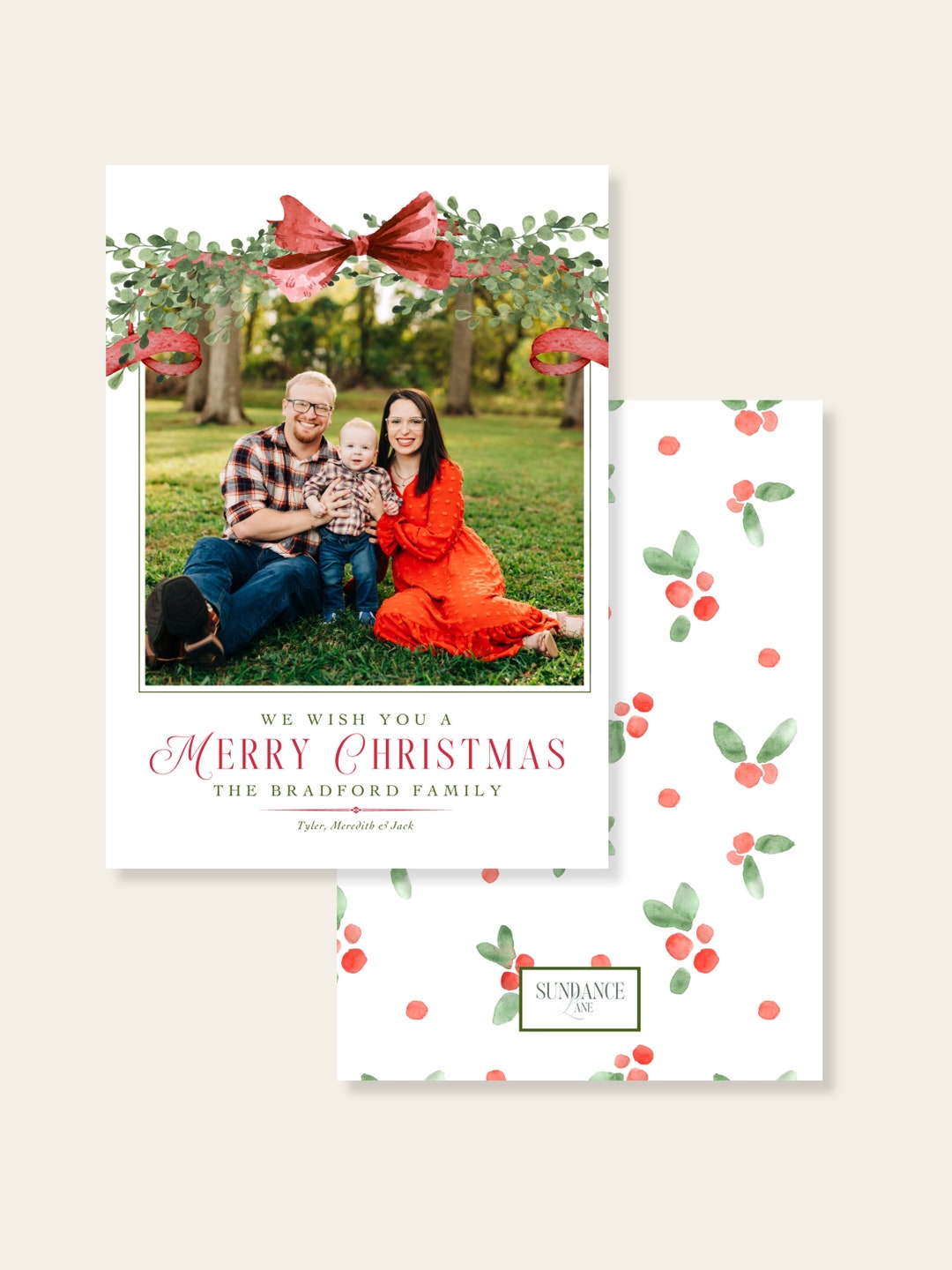 Red Bow Garland Watercolor Christmas Card - Etsy