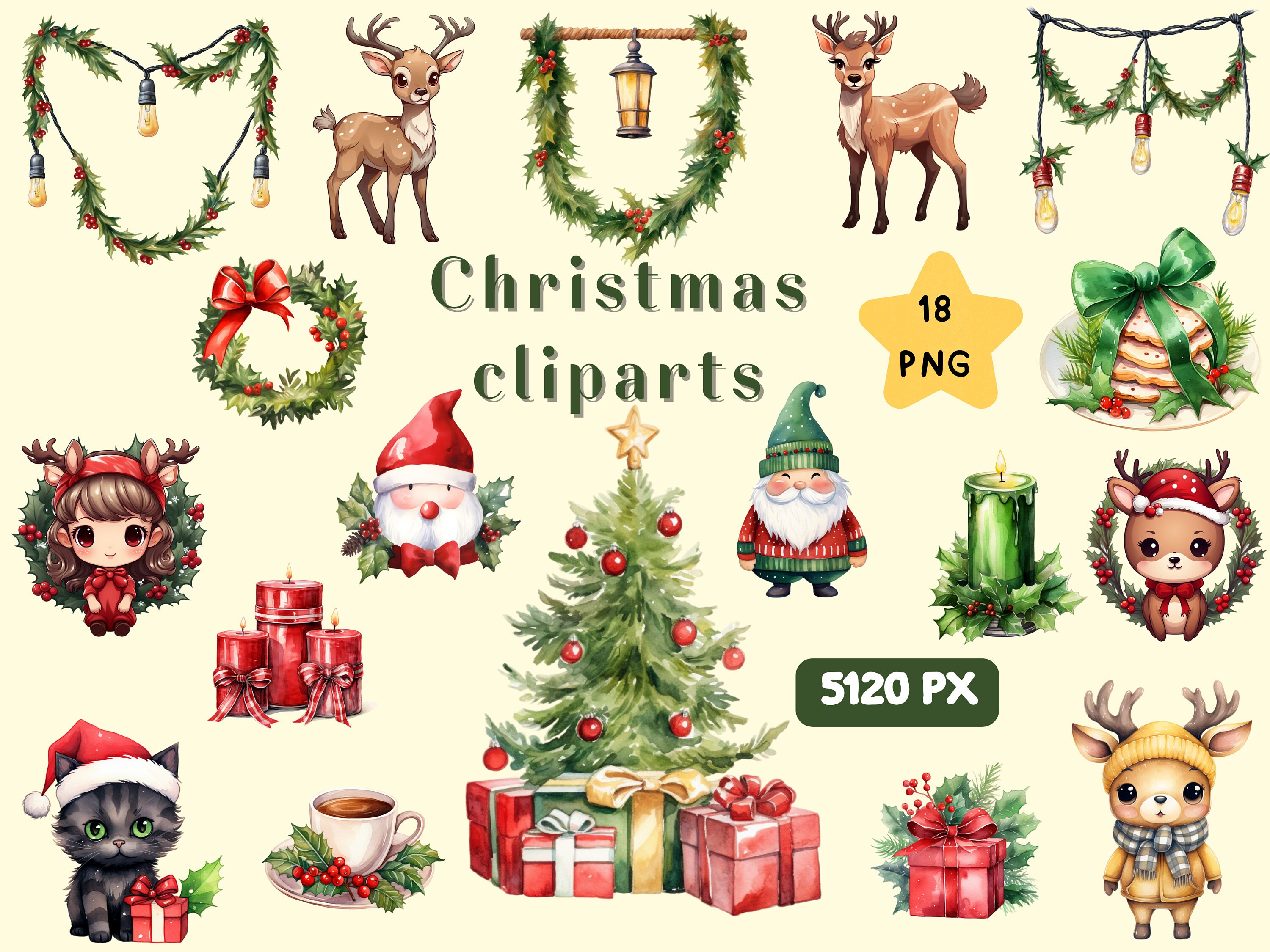 18 Christmas Clipart Watercolor, Christmas Tree, Reindeer, Santa Claus ...