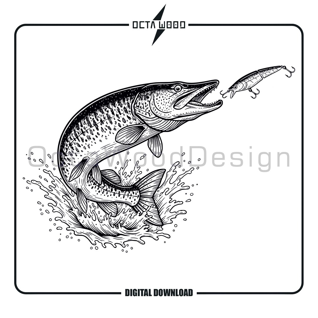 Jumping Pike SVG, Fishing Vector Design, Cutting Board PNG, Laser ...