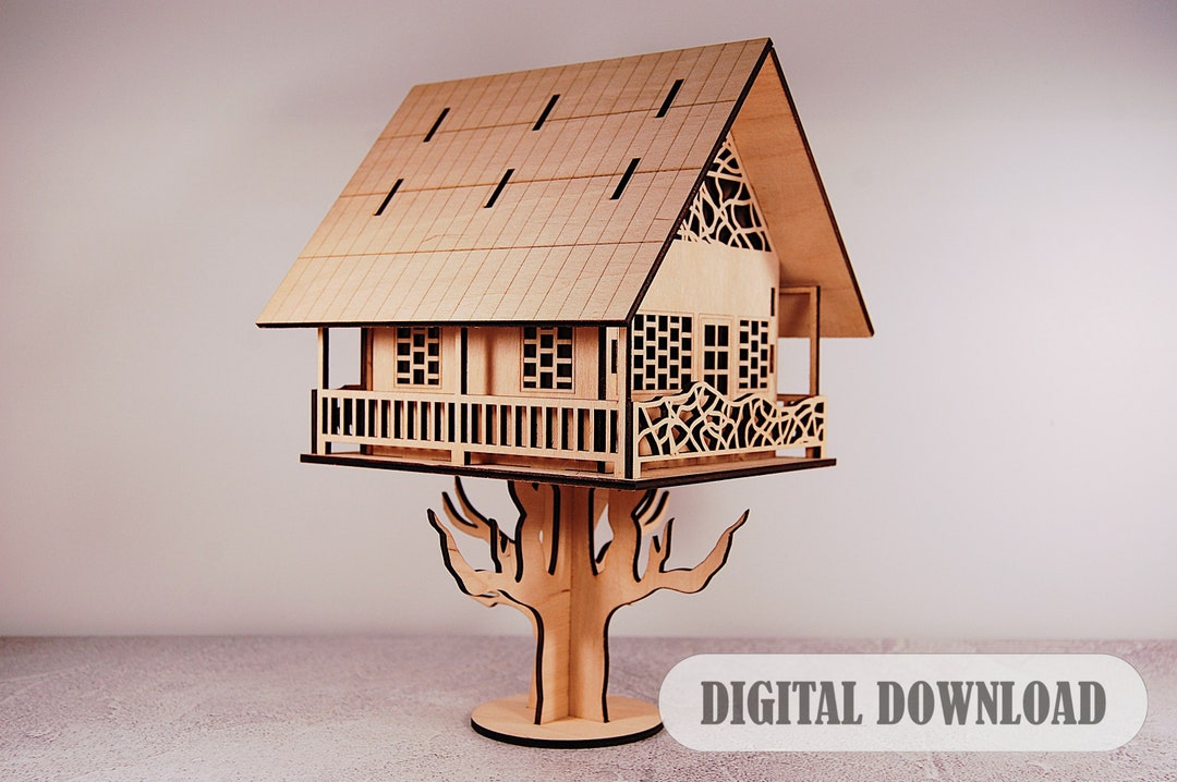 Laser Cut Night Light House on a Tree: LED Table Lamp Template (digital ...