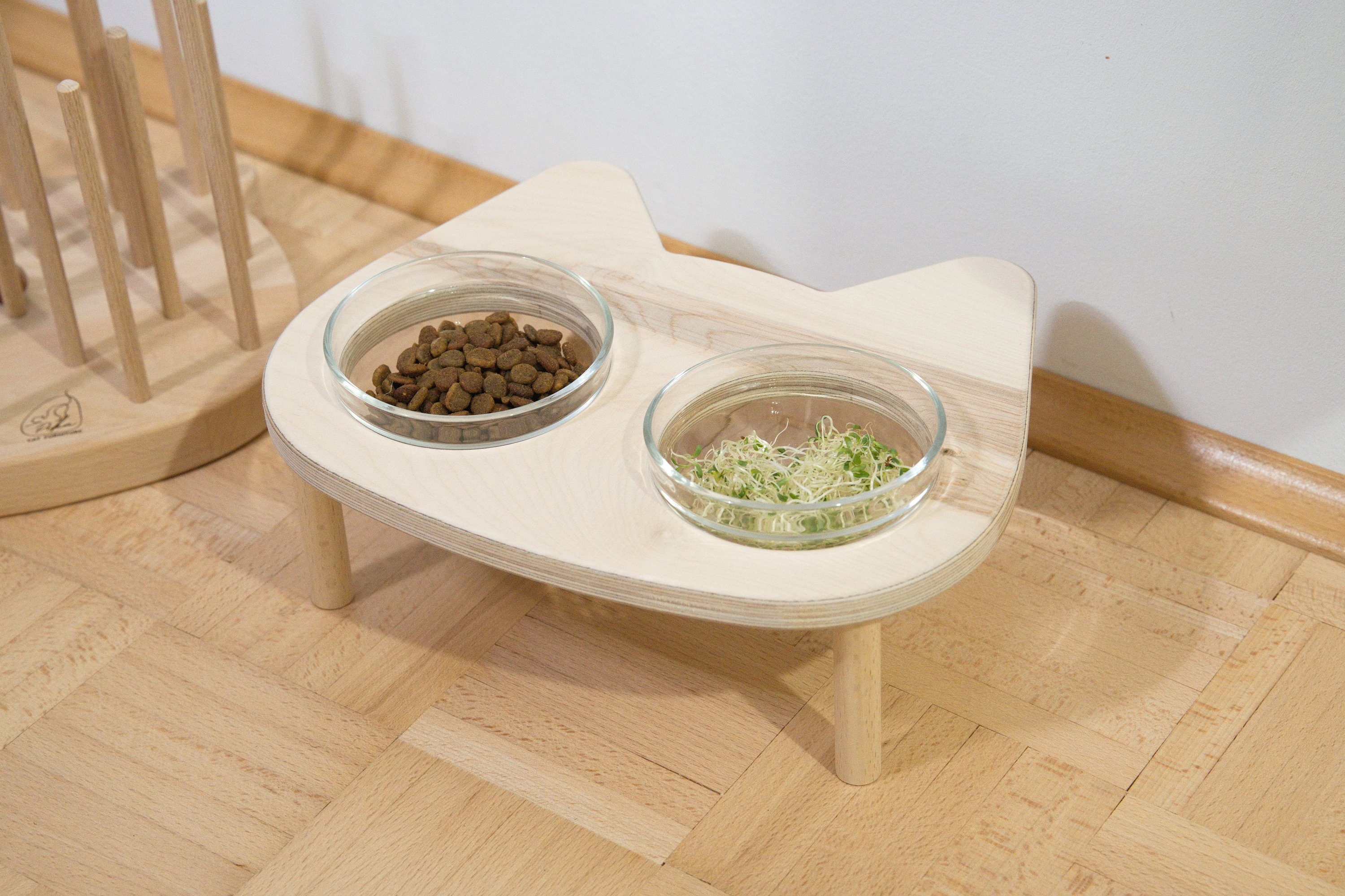 Elevated Cat Bowls, Wooden Raised Cat Feeder, Cat Face Wooden Bowl ...