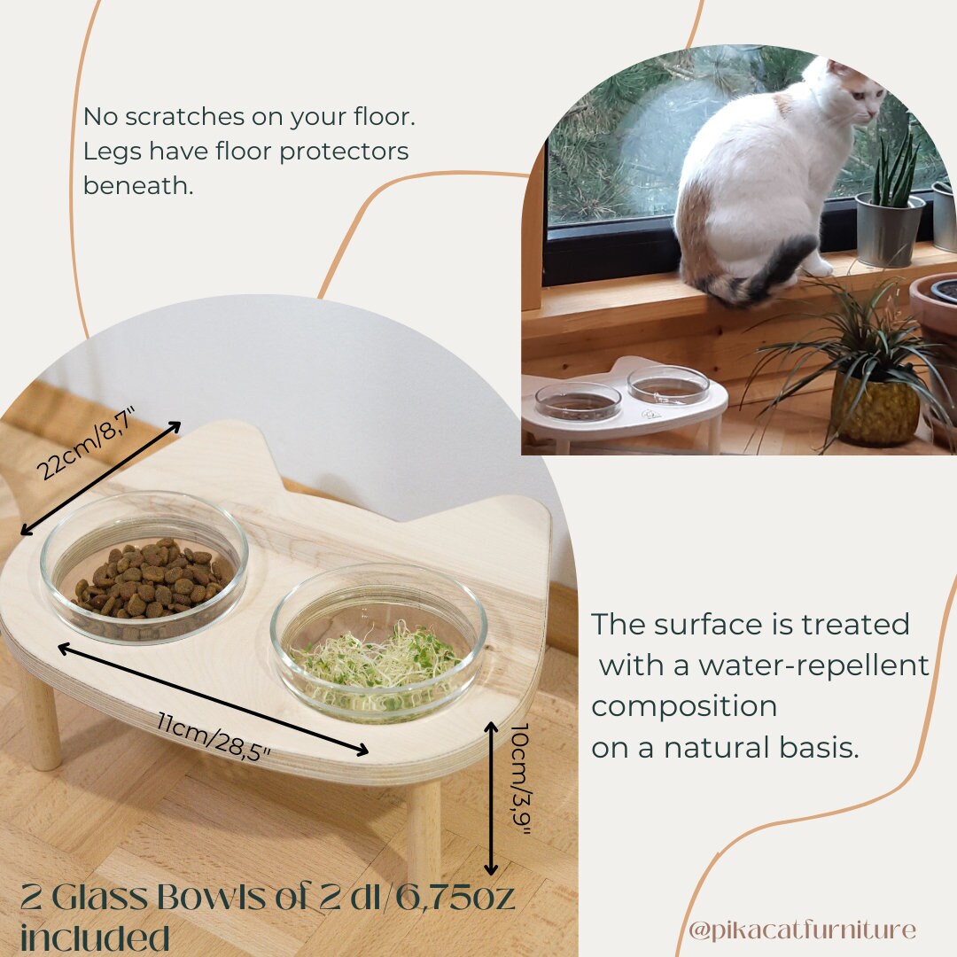 Elevated Cat Bowls, Wooden Raised Cat Feeder, Cat Face Wooden Bowl ...