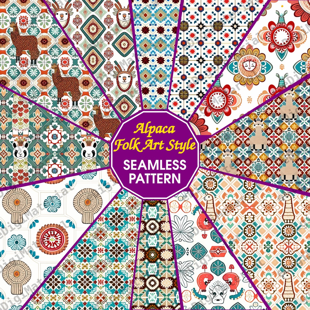 12 Unique Alpaca Folk Art Style Seamless Pattern Instant Digital ...