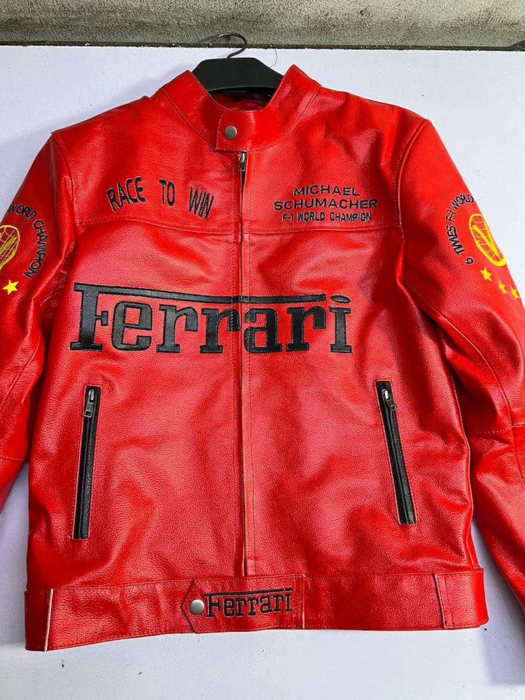 Mens Ferrari Red Leather Jacket Racing Vintage Streetwear Embroidered ...