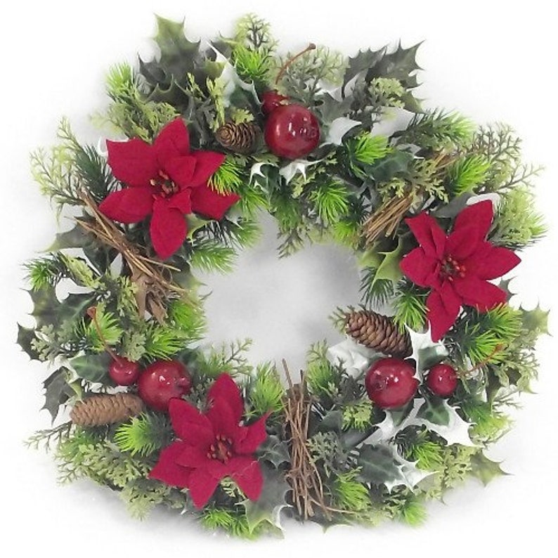 Large Artificial Christmas Winter Wreath With Holly, Red Poinsettia ...