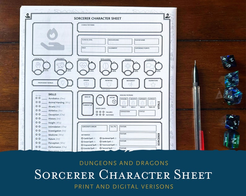 Sorcerer D&D Character Sheet DND 5E Character and Notes Sheets ...