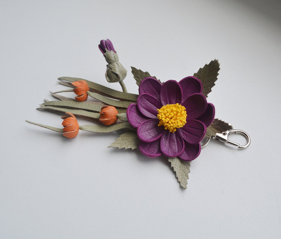 Lilac Leather Flower Keychain ,orange,lilac Field Flower,purse Charm ...
