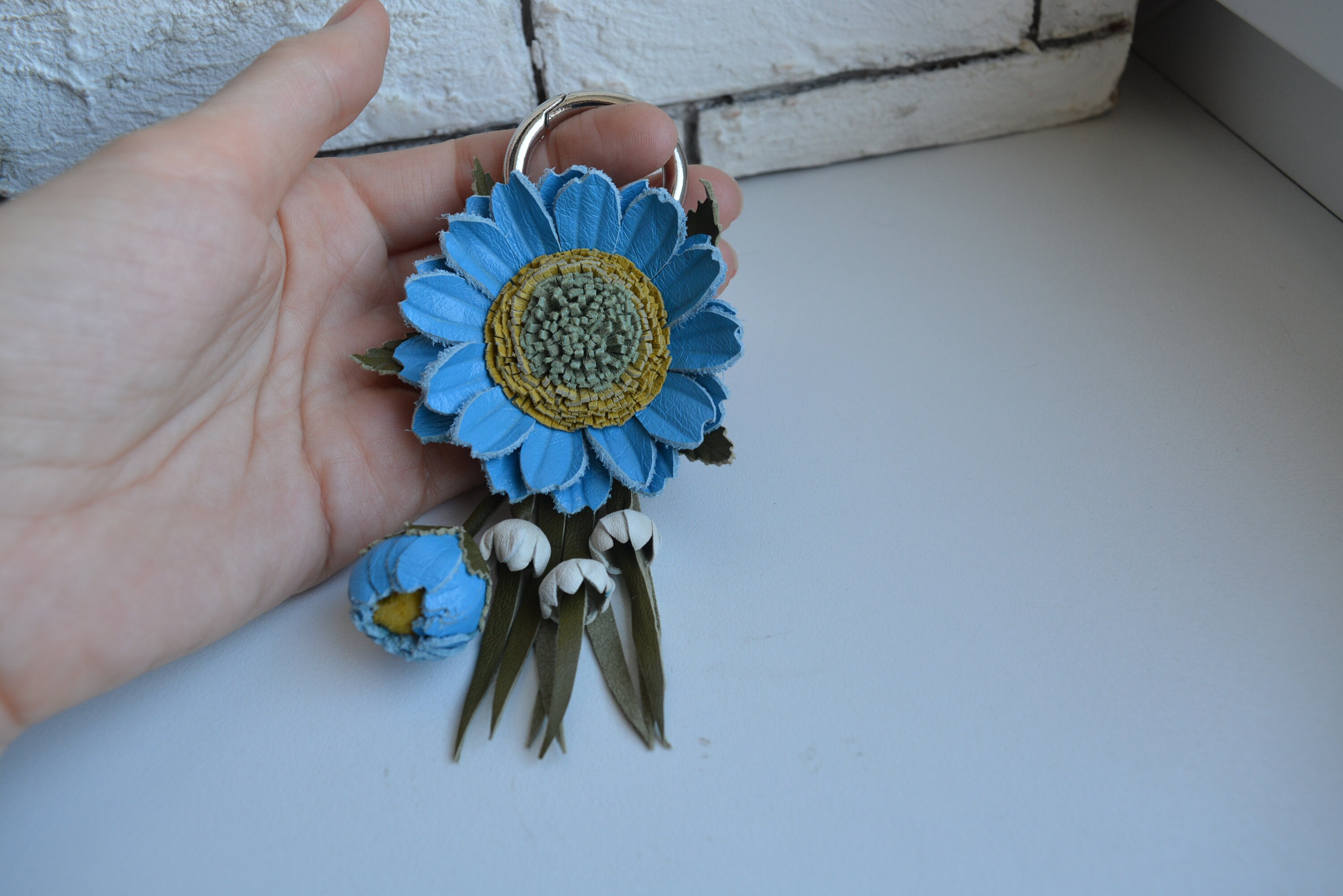 Blue Daisy Genuine Leather Flower Bag Charm and Bells,handbag Charm ...