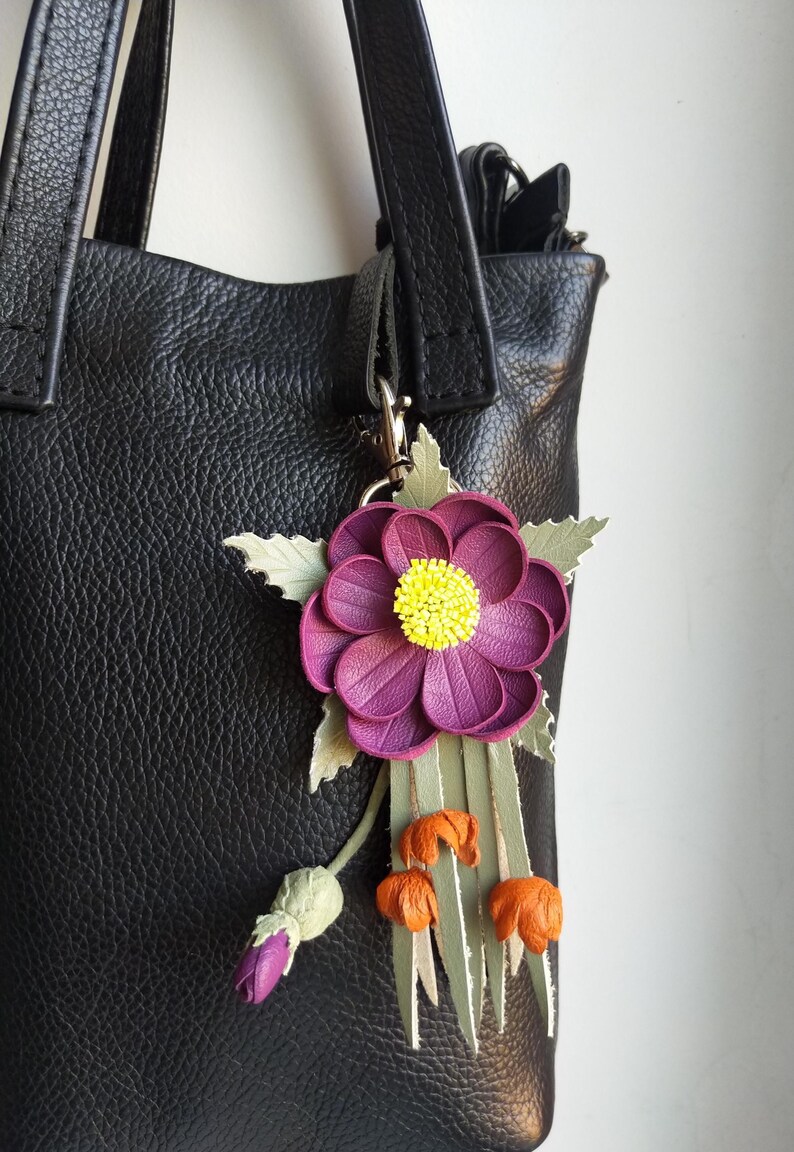 Lilac Leather Flower Keychain ,orange,lilac Field Flower,purse Charm ...