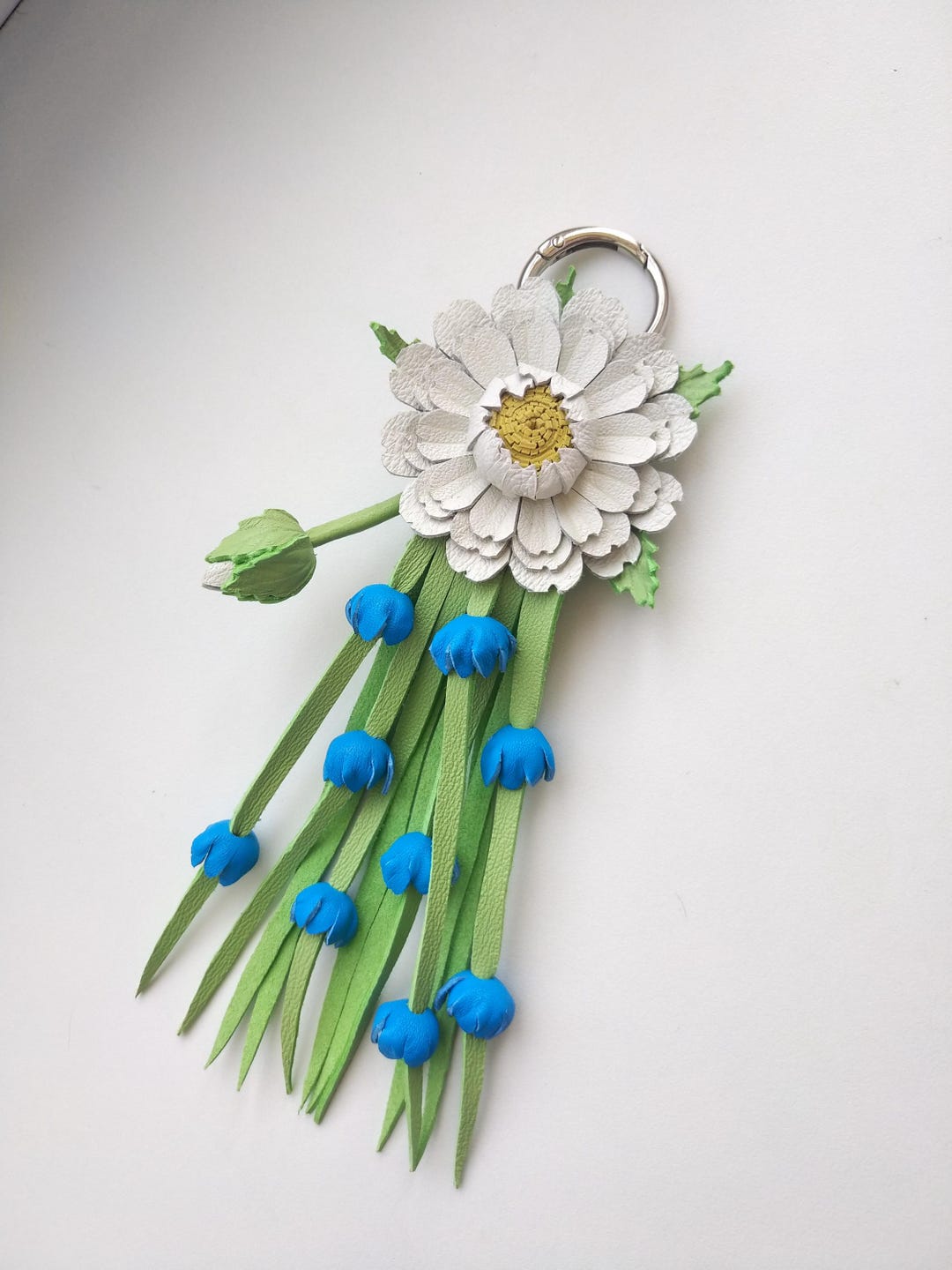 White Leather Gerbera With Blue Bells,leather Purse Charm Aster,genuine ...