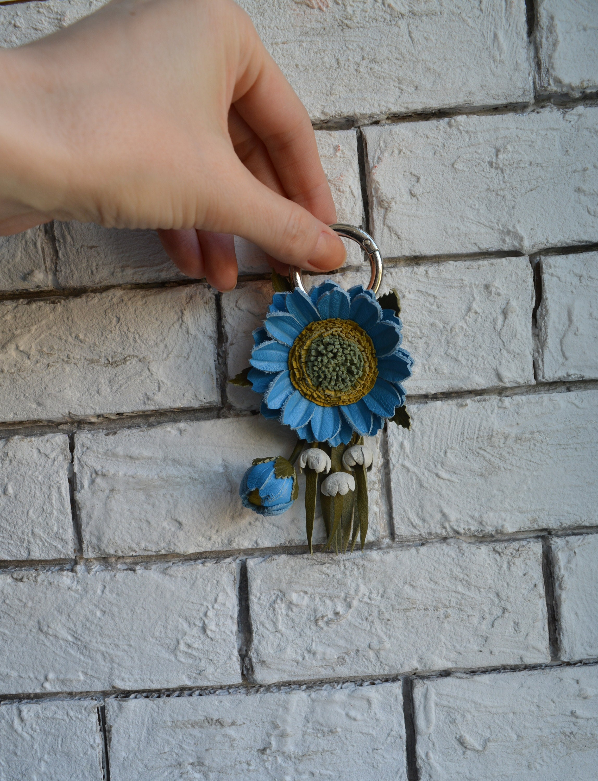 Blue Daisy Genuine Leather Flower Bag Charm and Bells,handbag Charm ...