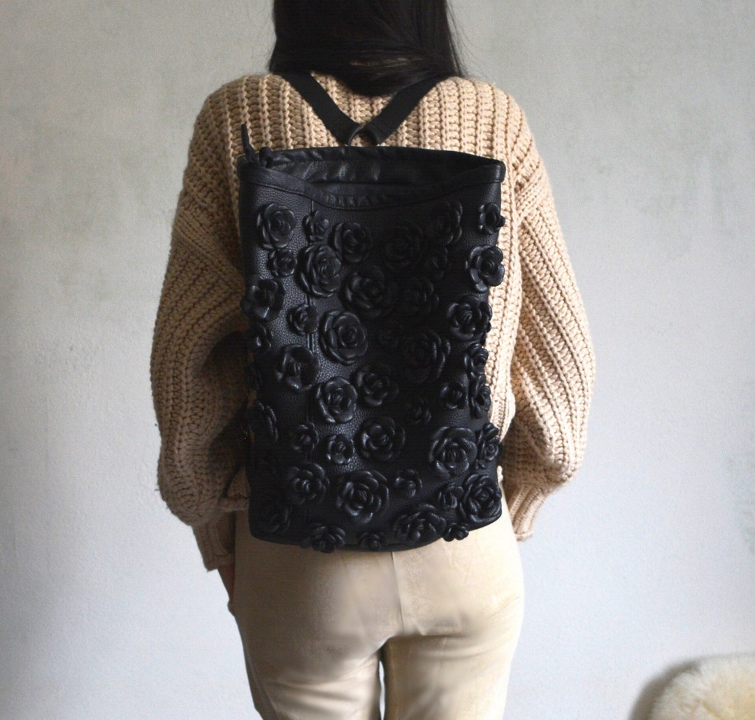 Black Leather Backpack With Flowers,shoulder Bag With Roses,women's ...