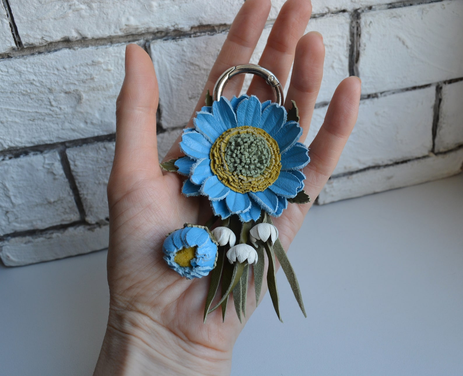 Blue Daisy Genuine Leather Flower Bag Charm and Bells,handbag Charm ...