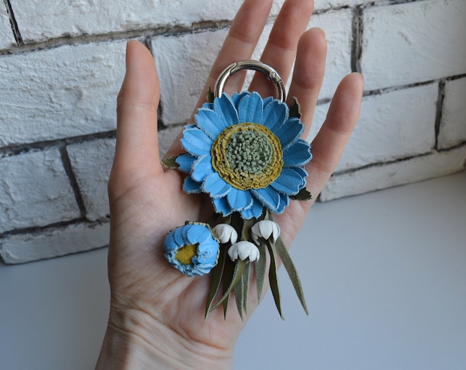 Blue Daisy Genuine Leather Flower Bag Charm and Bells,handbag Charm ...