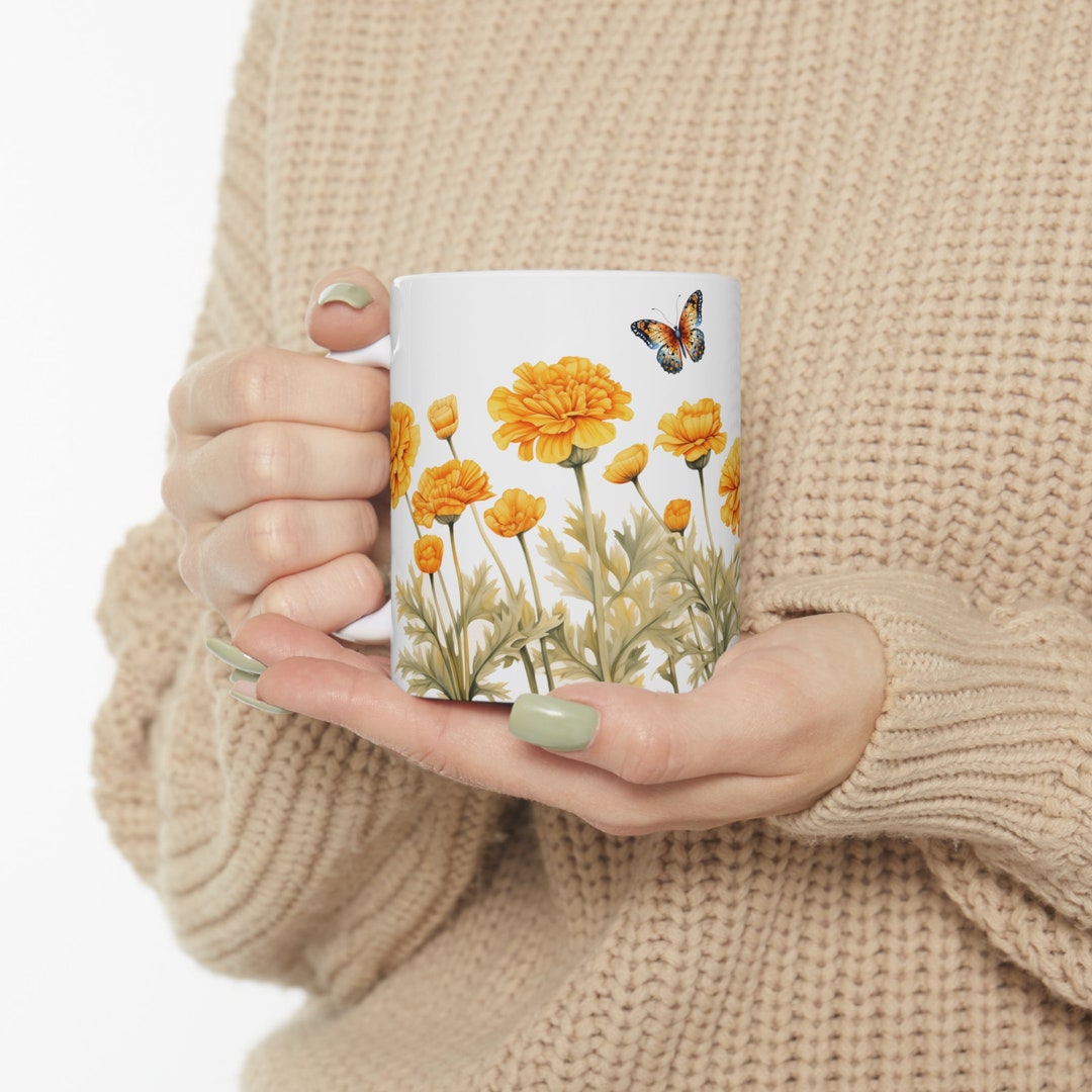 October Marigold Birth Flower Ceramic Mug, Botanical Design, Floral ...