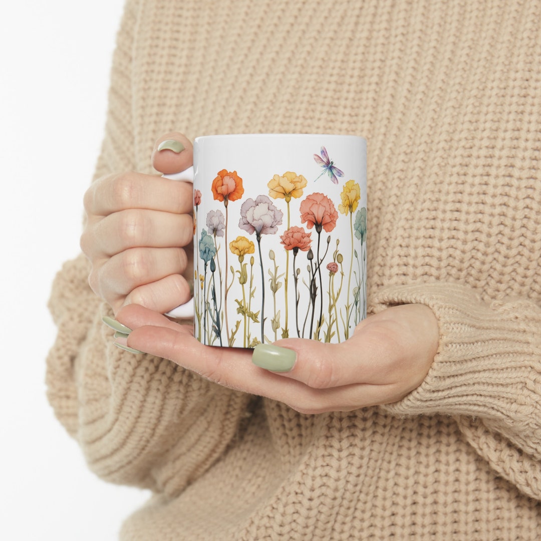 January Carnations Birth Flower Ceramic Mug, Botanical Design, Floral ...