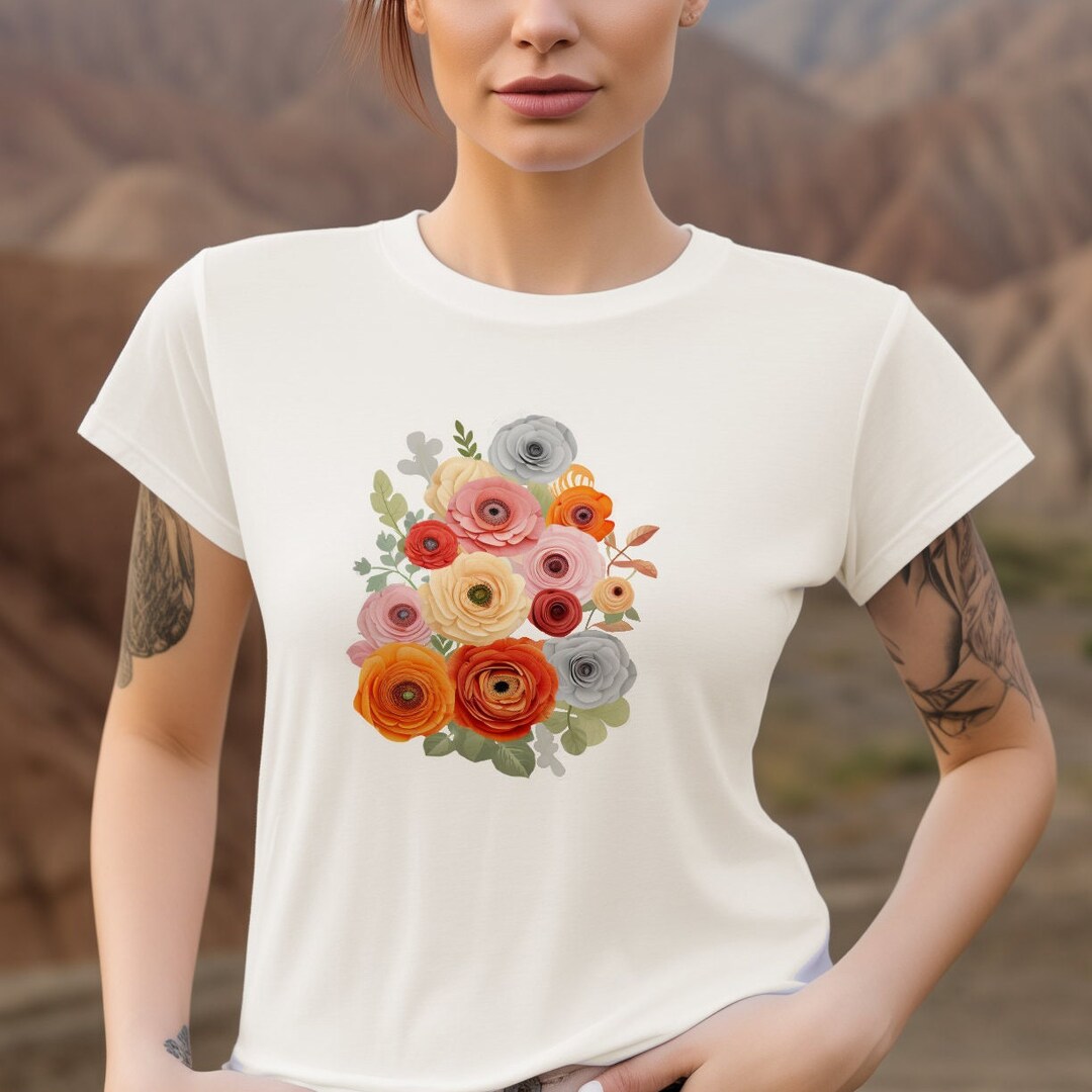 Ranunculus Flowers Tee, Colorful Floral T-shirt, Flower Bouquet, Bright ...