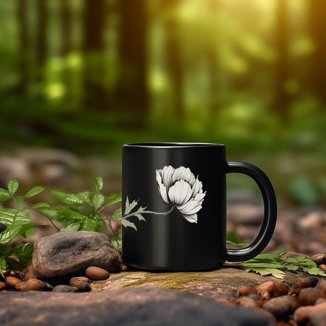 Ranunculus Stem Black Mug, Minimalist Floral, Flower Coffee Cup, Simple ...