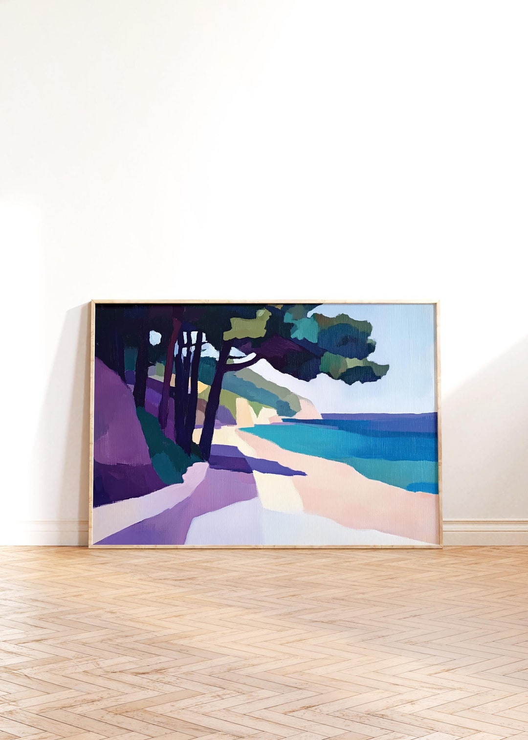 Minimalist Beach Trees Wall Art, Painting Beach Landscape Art, Modern ...