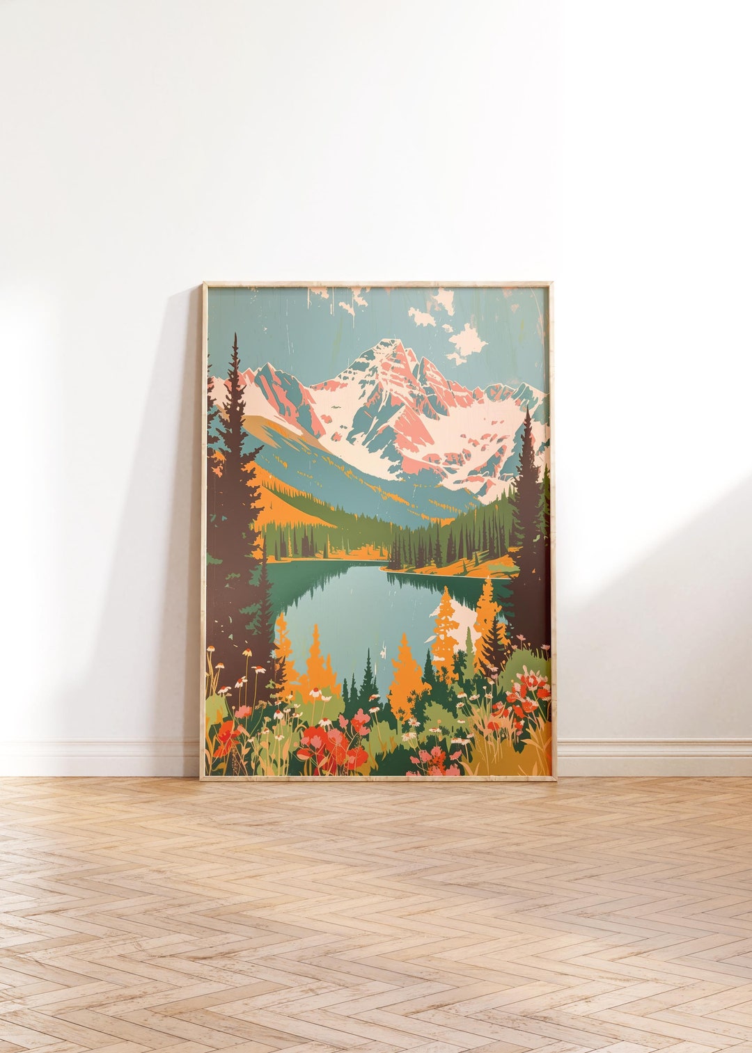 Vintage Screenprint Mountain Lake Wall Art, Painting Retro Trees Print ...