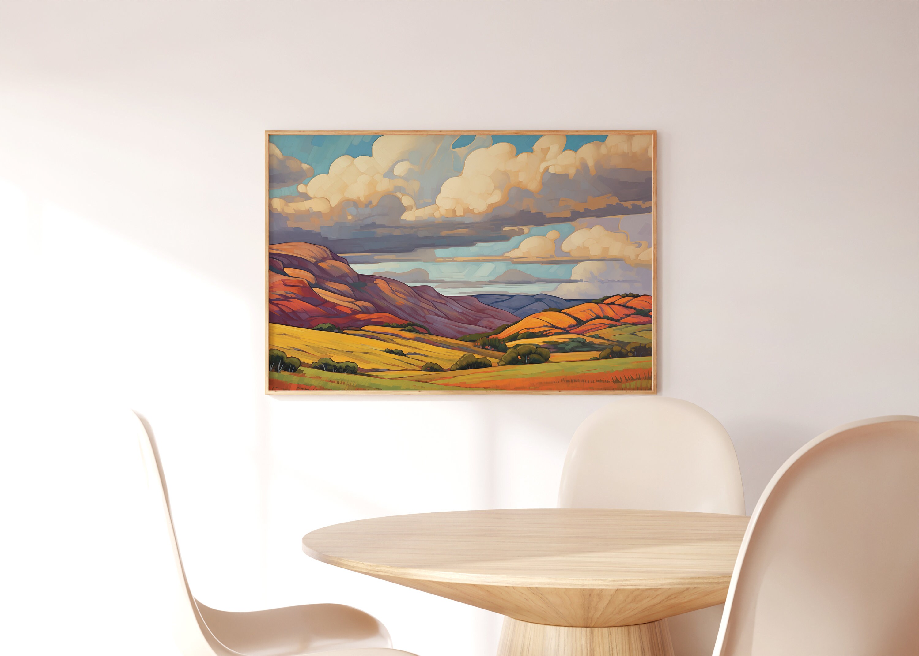 Colorful Sky Landscape Wall Art, Painting Clouds Landscape Art, Cabin ...