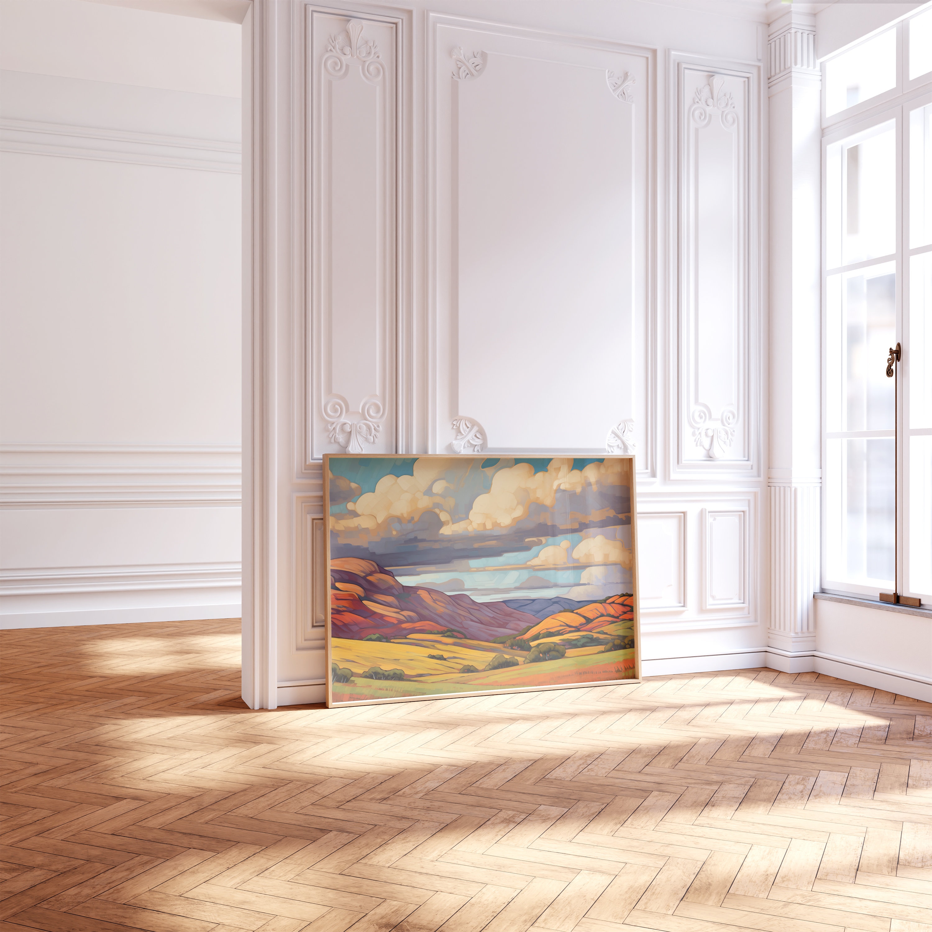 Colorful Sky Landscape Wall Art, Painting Clouds Landscape Art, Cabin ...