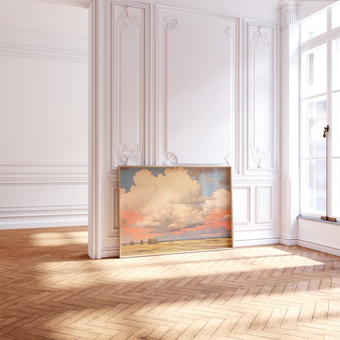 Puffy Clouds Landscape Painting, Summer Desert Art (digital Download ...
