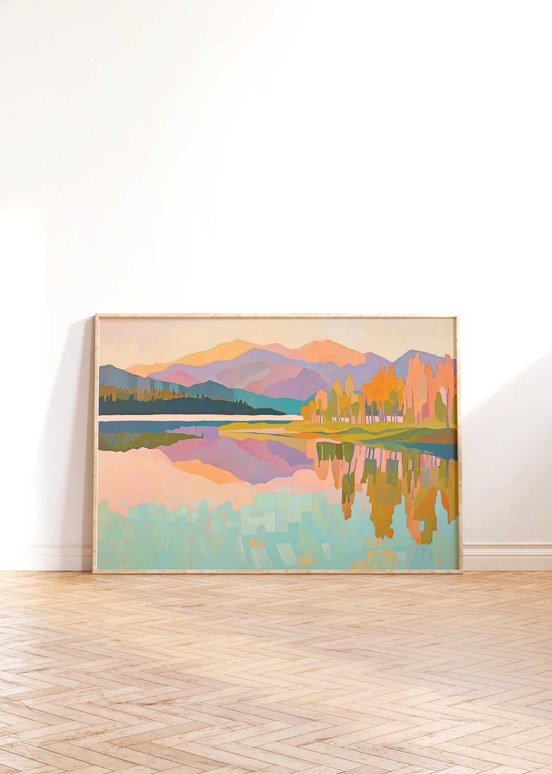 Pastel Mountain Alpine Wall Art, Painting Sunrise Lake Reflection Print ...