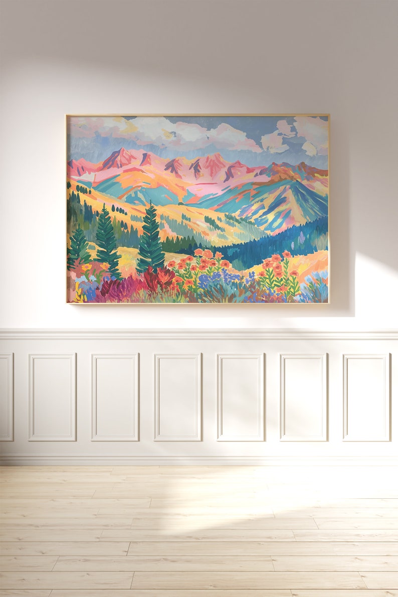 Colorful Rocky Mountain Art Print, Floral Landscape Painting (digital ...