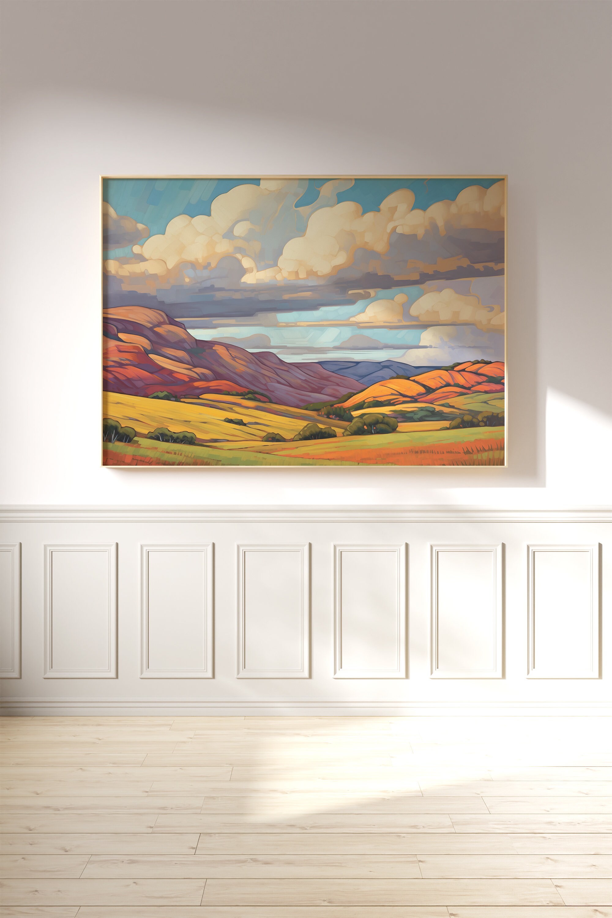 Colorful Sky Landscape Wall Art, Painting Clouds Landscape Art, Cabin ...