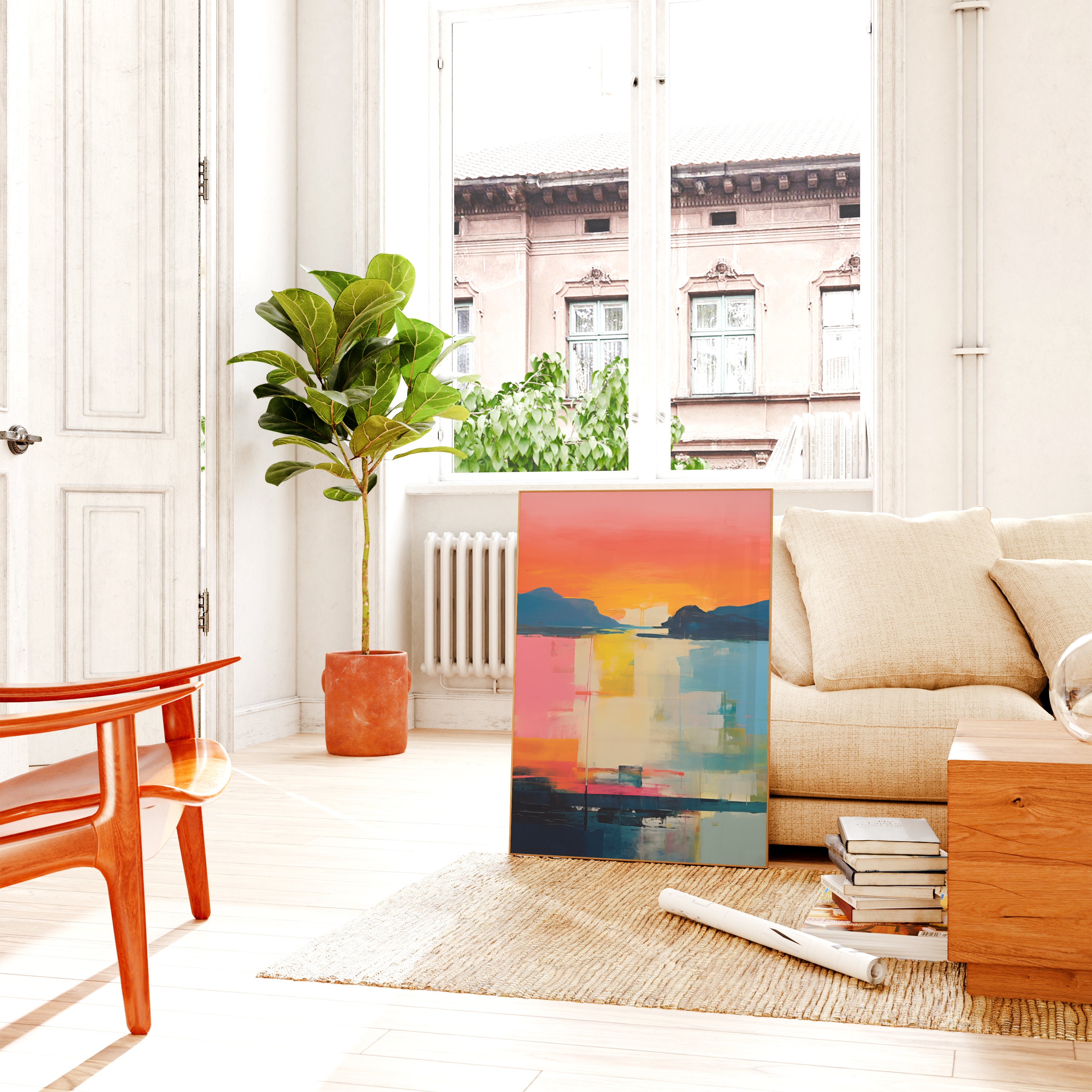 Abstract Sunset Landscape Art, Modern Coastal Painting (digital ...