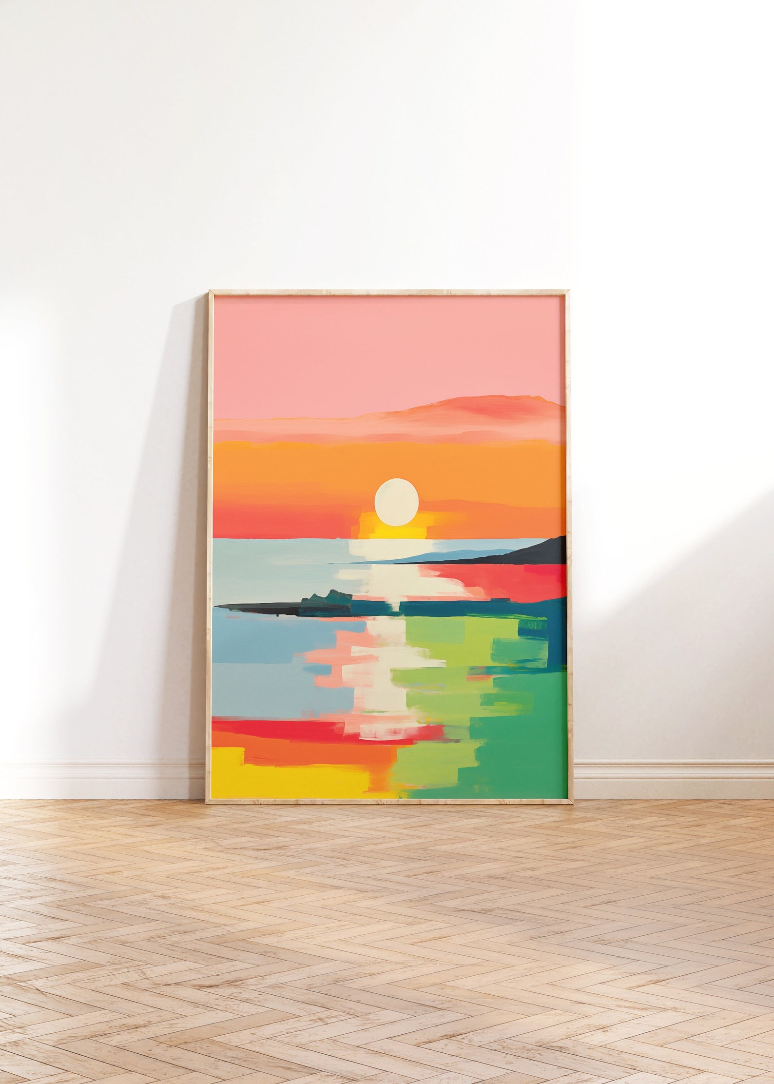 Abstract Sunset Landscape Art, Colorful Coastal Painting (digital ...