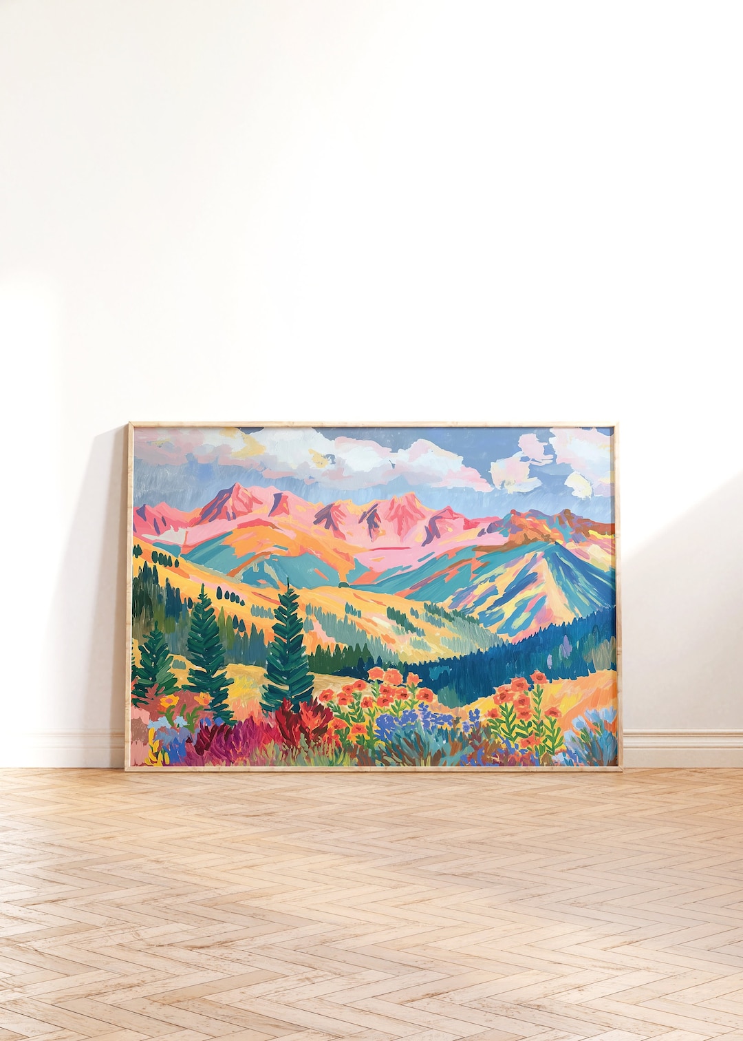 Colorful Rocky Mountain Wall Art, Painting Flowers Landscape Art, Cabin ...