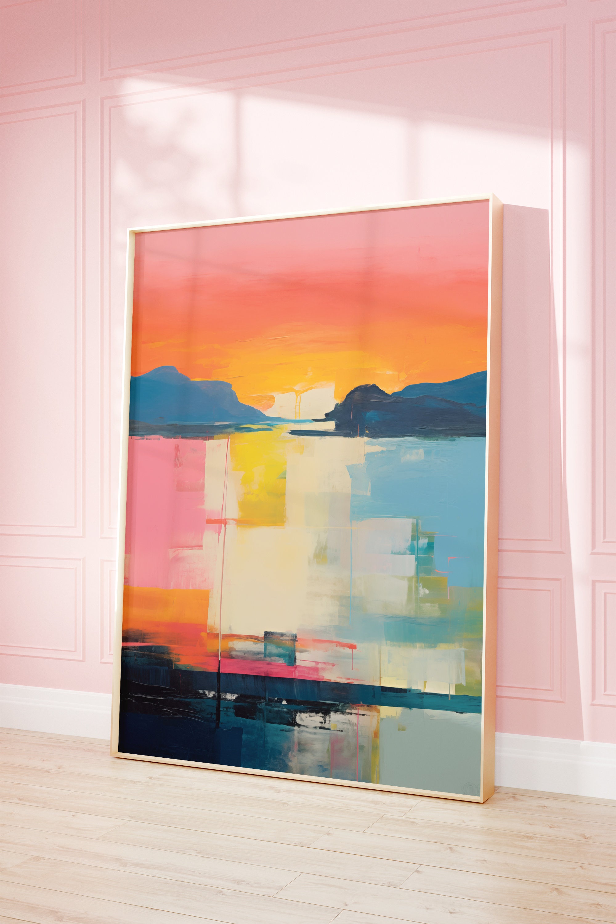 Abstract Sunset Landscape Art, Modern Coastal Painting (digital ...