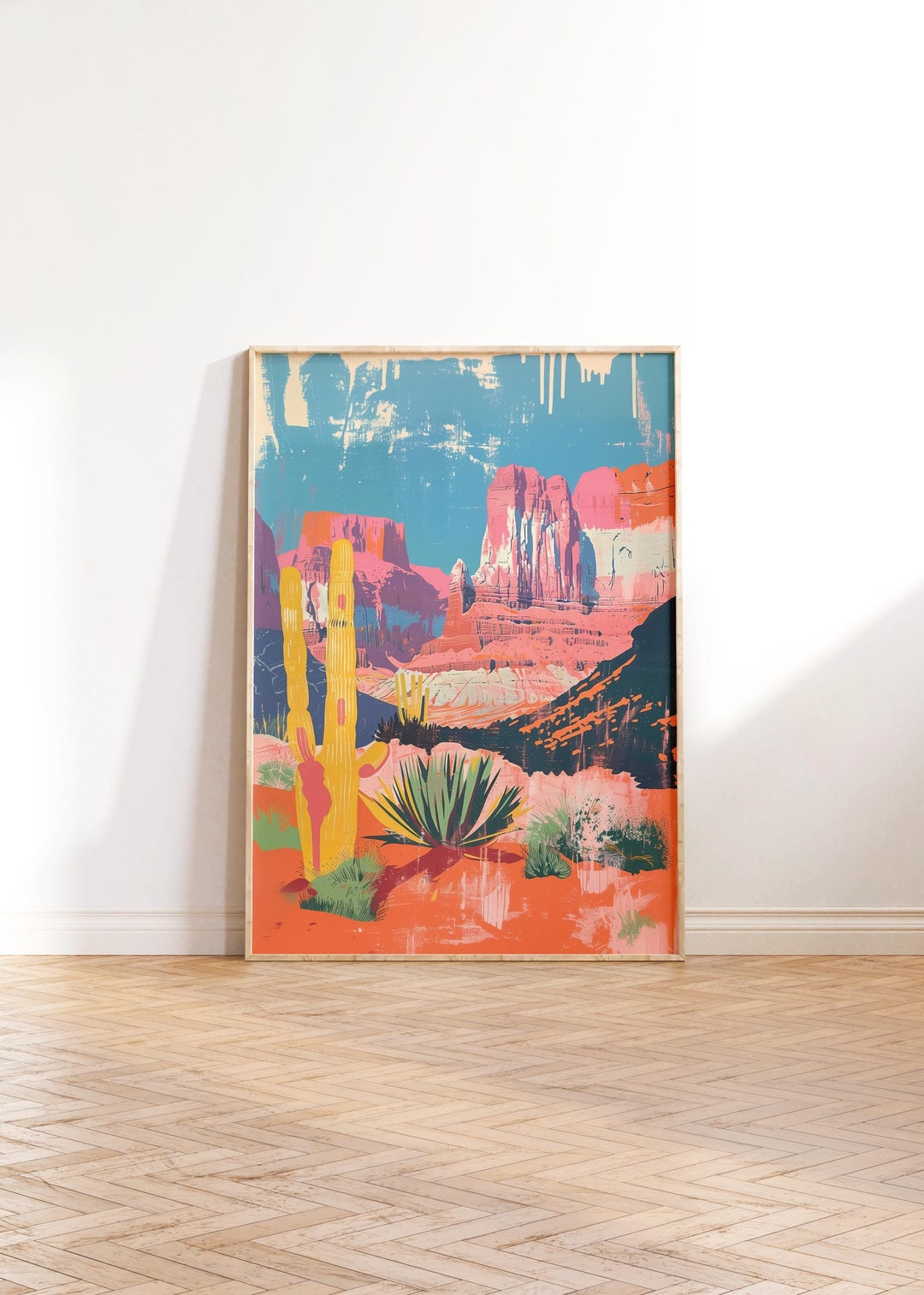 Vintage Style Screenprint Cactus Wall Art, Painting Retro Print ...