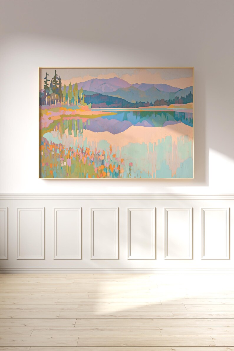Mountain Lake Painting, Soft Color Landscape Wall Art (digital Download ...