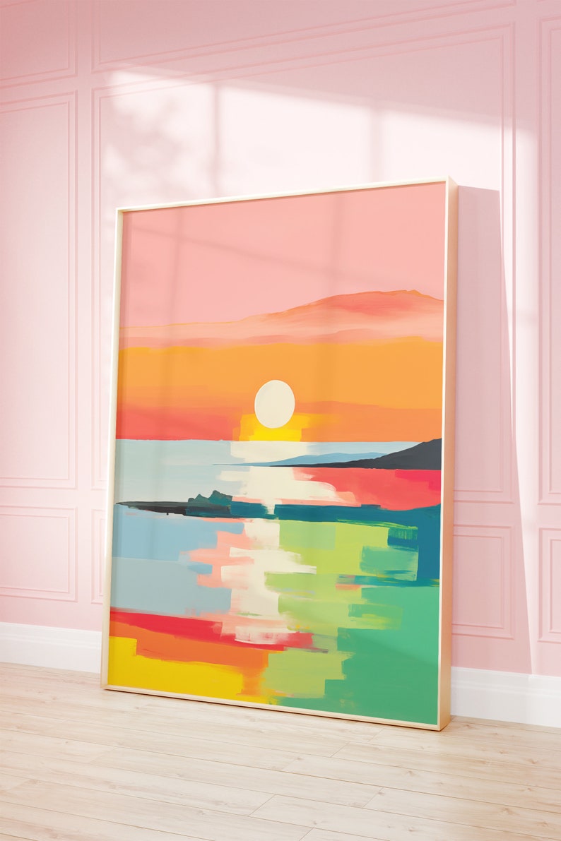 Abstract Sunset Landscape Art, Colorful Coastal Painting (digital ...