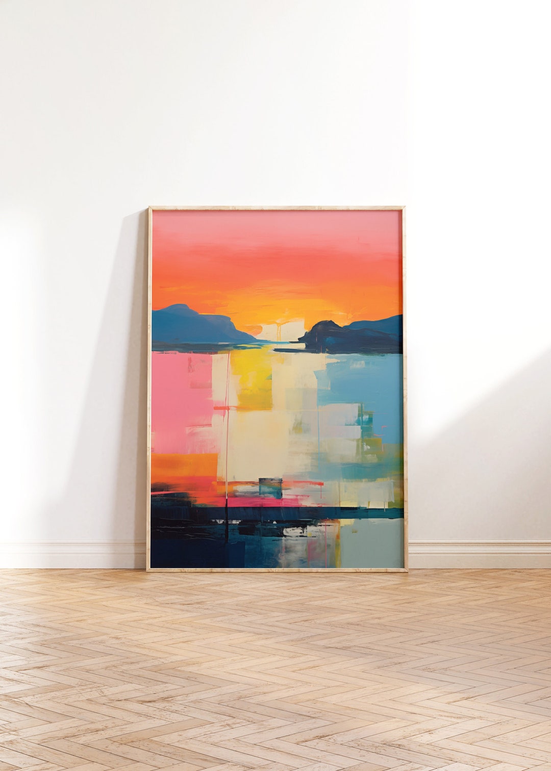 Abstract Sunset Landscape Art, Modern Coastal Painting (digital ...