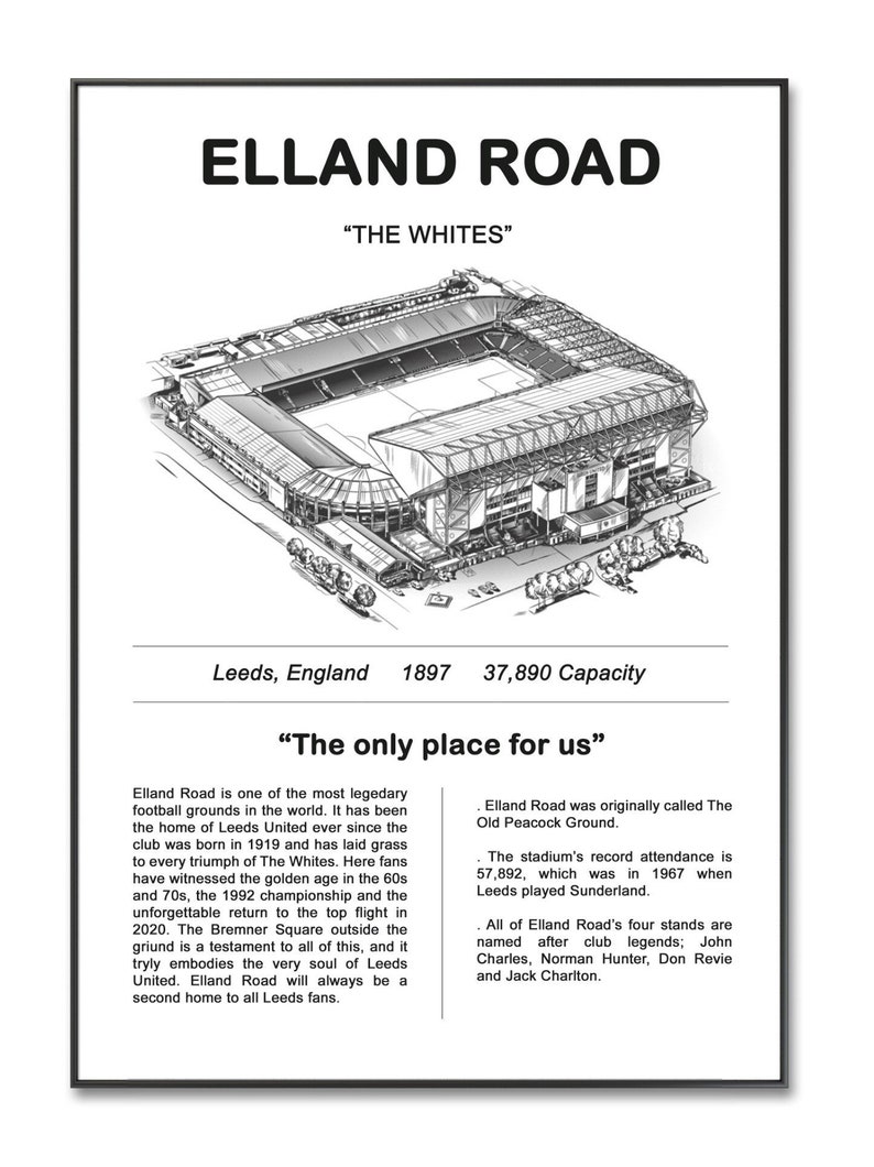 Leeds United Football Stadium Poster, Leeds United Elland Road Homemade ...
